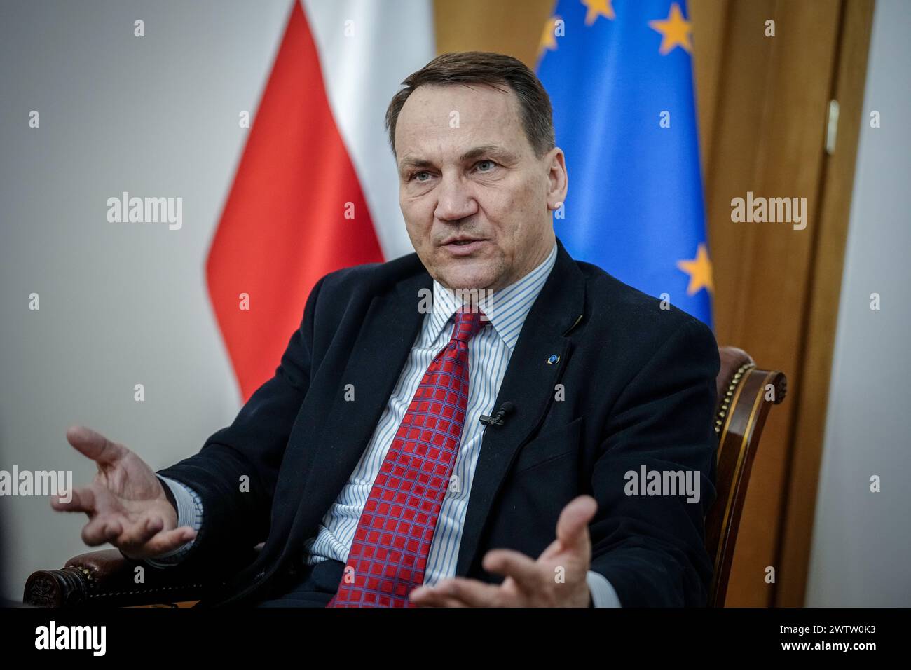 Warschau, Poland. 19th Mar, 2024. Rados·aw Sikorski, Foreign Minister of Poland, gestures during ...