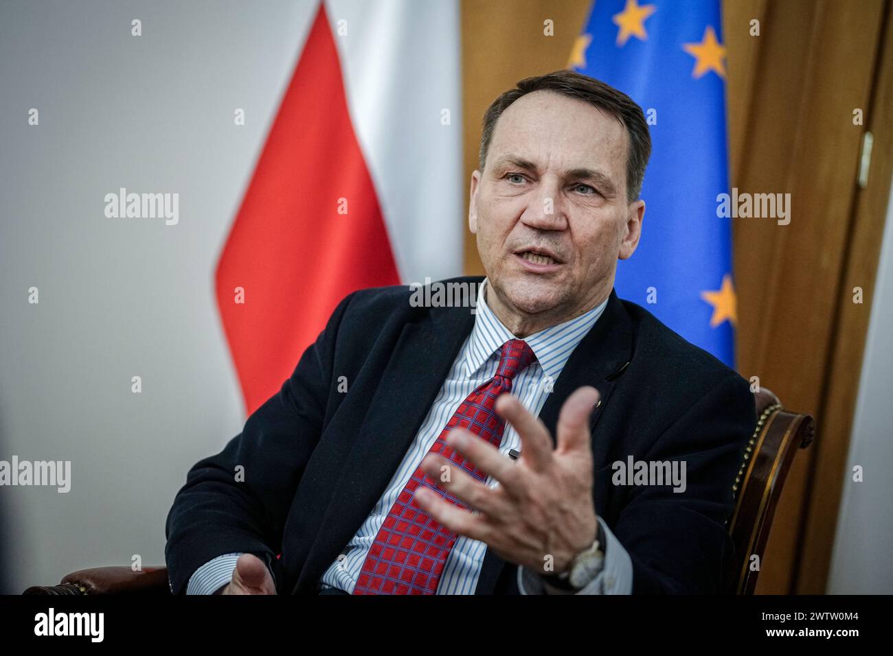 Warschau, Poland. 19th Mar, 2024. Rados·aw Sikorski, Foreign Minister of Poland, gestures during ...