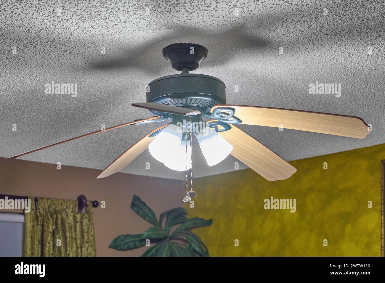 Ceiling fan with lights in living room, yellow wall and decorative ...