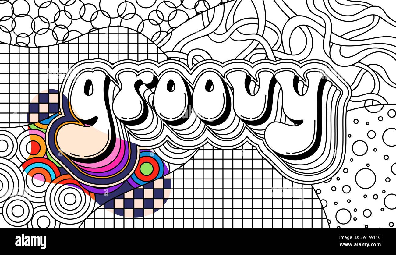 Zentangle psychedelic coloring page for adults. Groovy text and ...