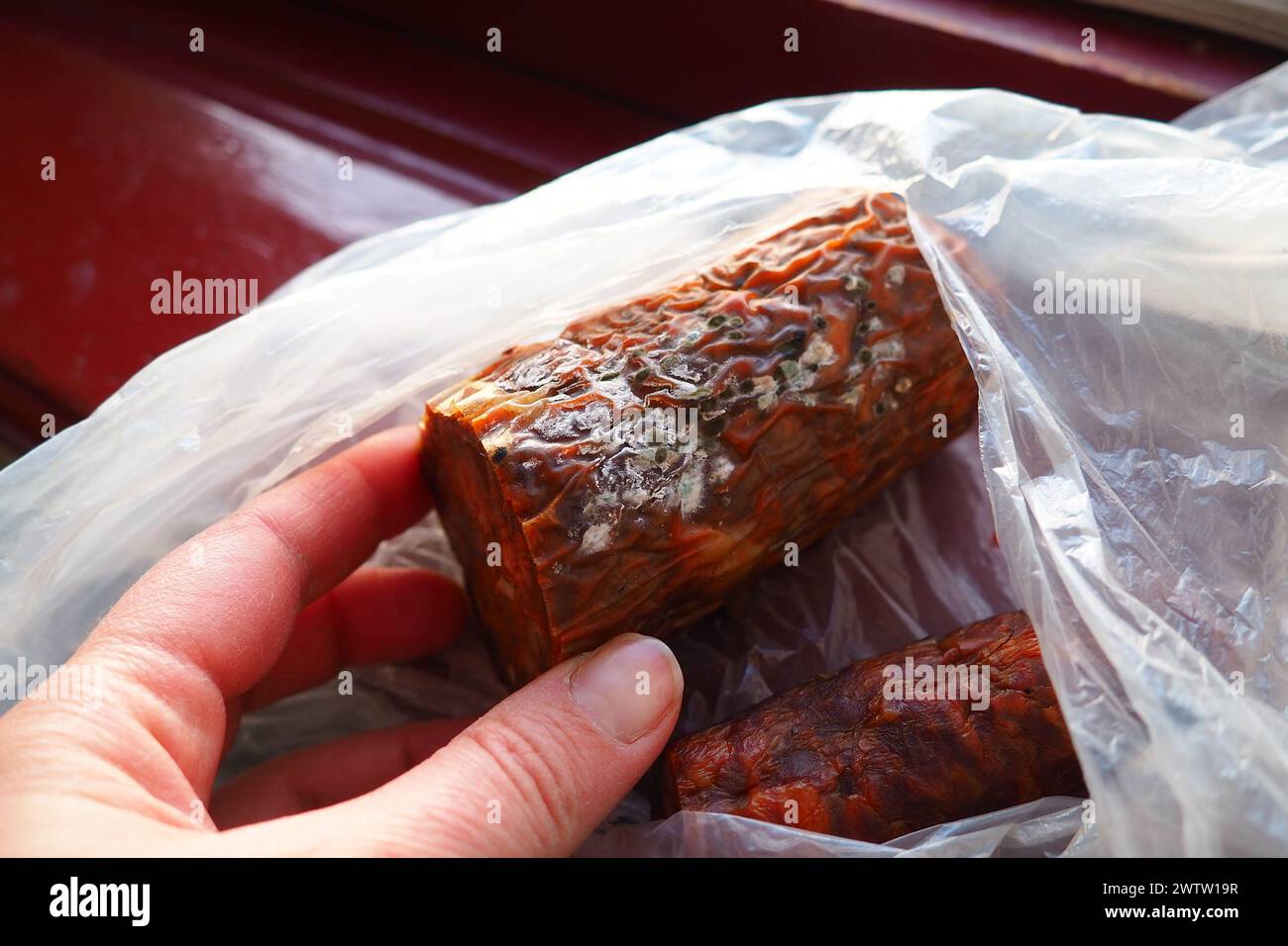 Raw smoked sausage became moldy while it was in a plastic bag. A mold ...