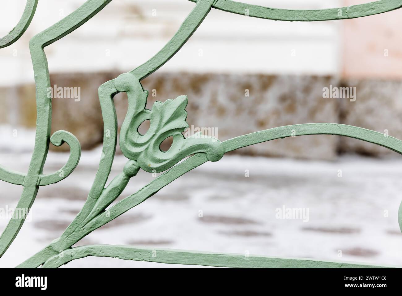 Vintage green forged railings details, close-up photo with selective ...