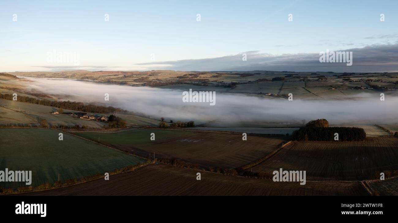 Aerial view of low lying mist or cloud inversion along the River Tyne ...