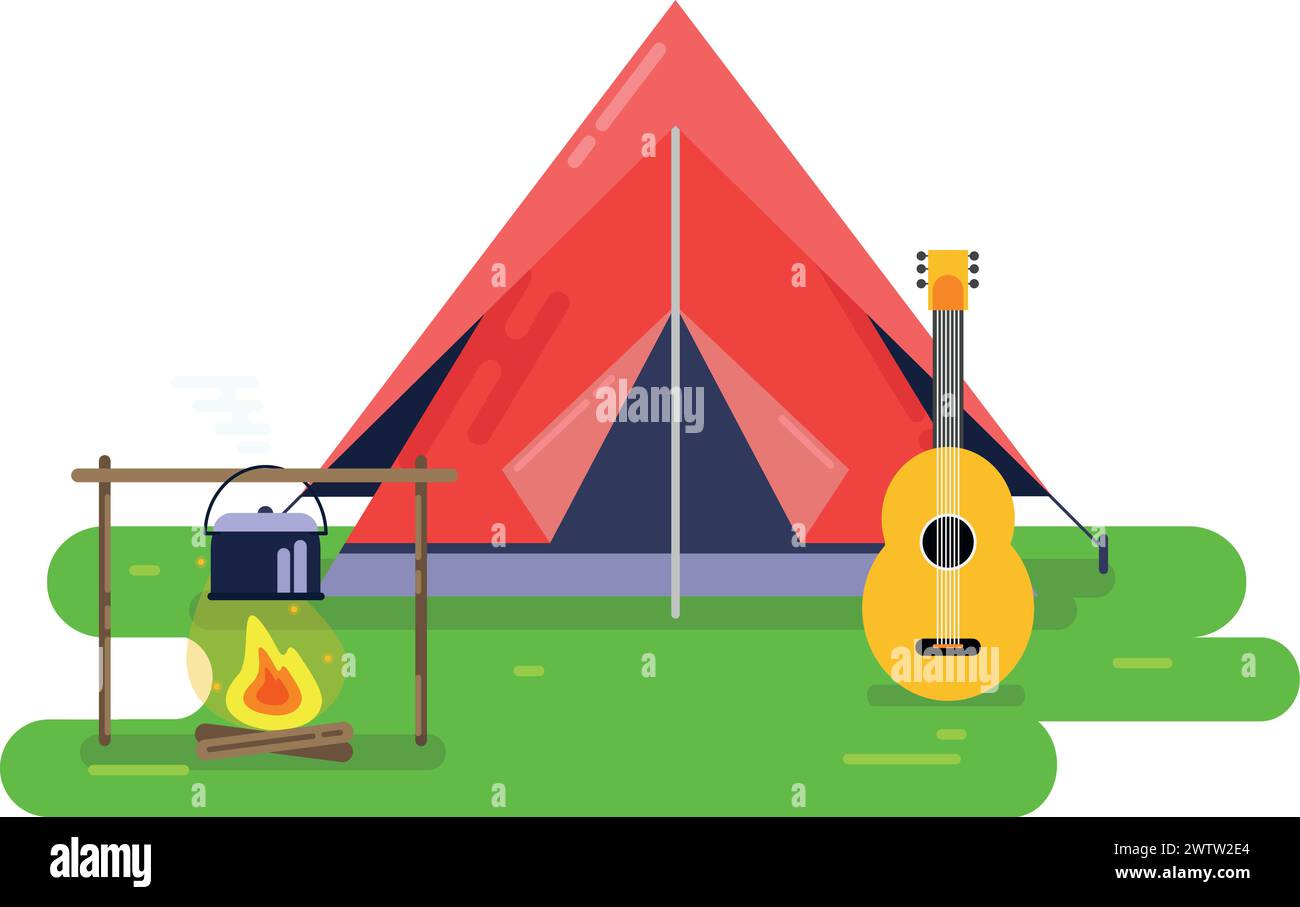 Camping scene icon. Red tent with campfire. Outdoor travel Stock Vector ...