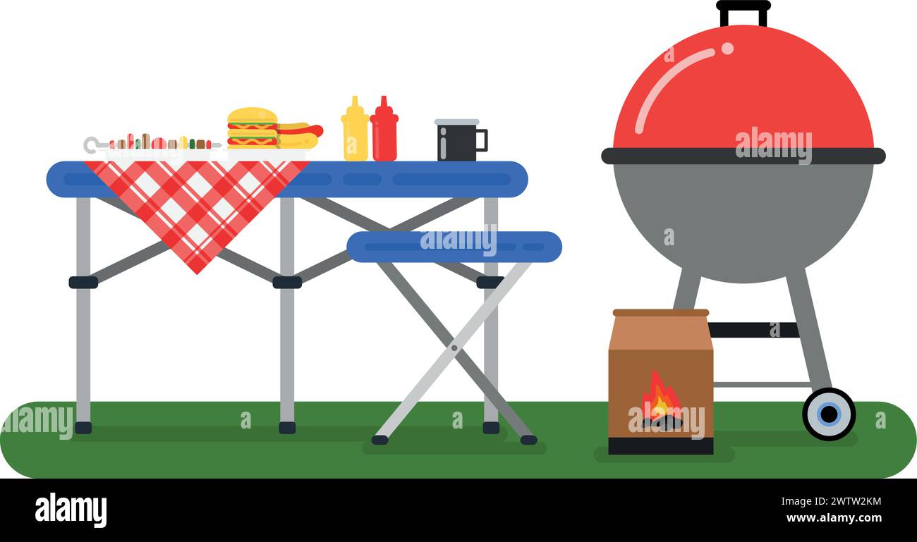 Barbeque grill and table with food. Outdoor scene Stock Vector Image ...