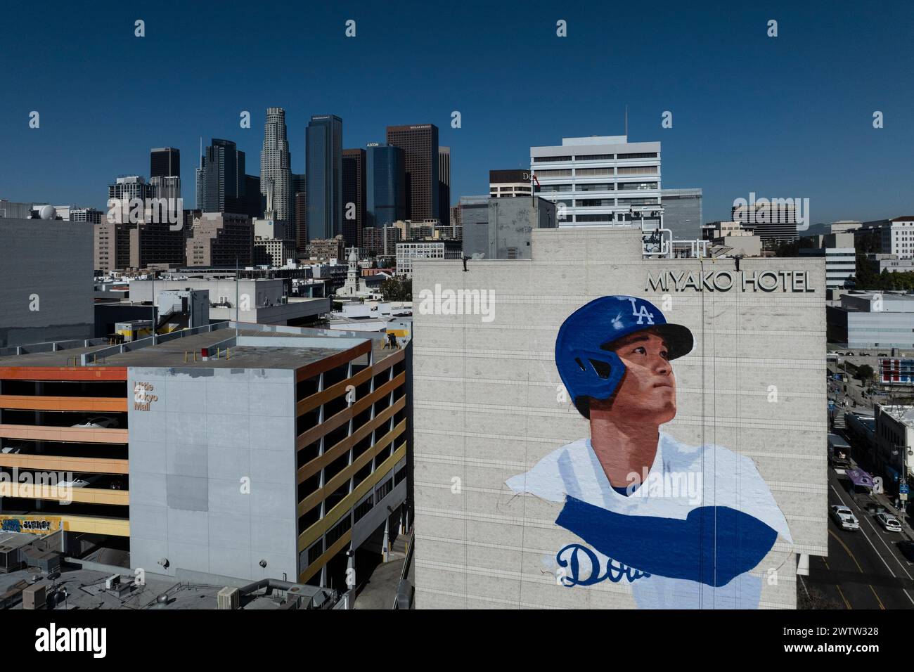 An aerial view shows a mural in progress of Los Angeles Dodgers' Shohei ...