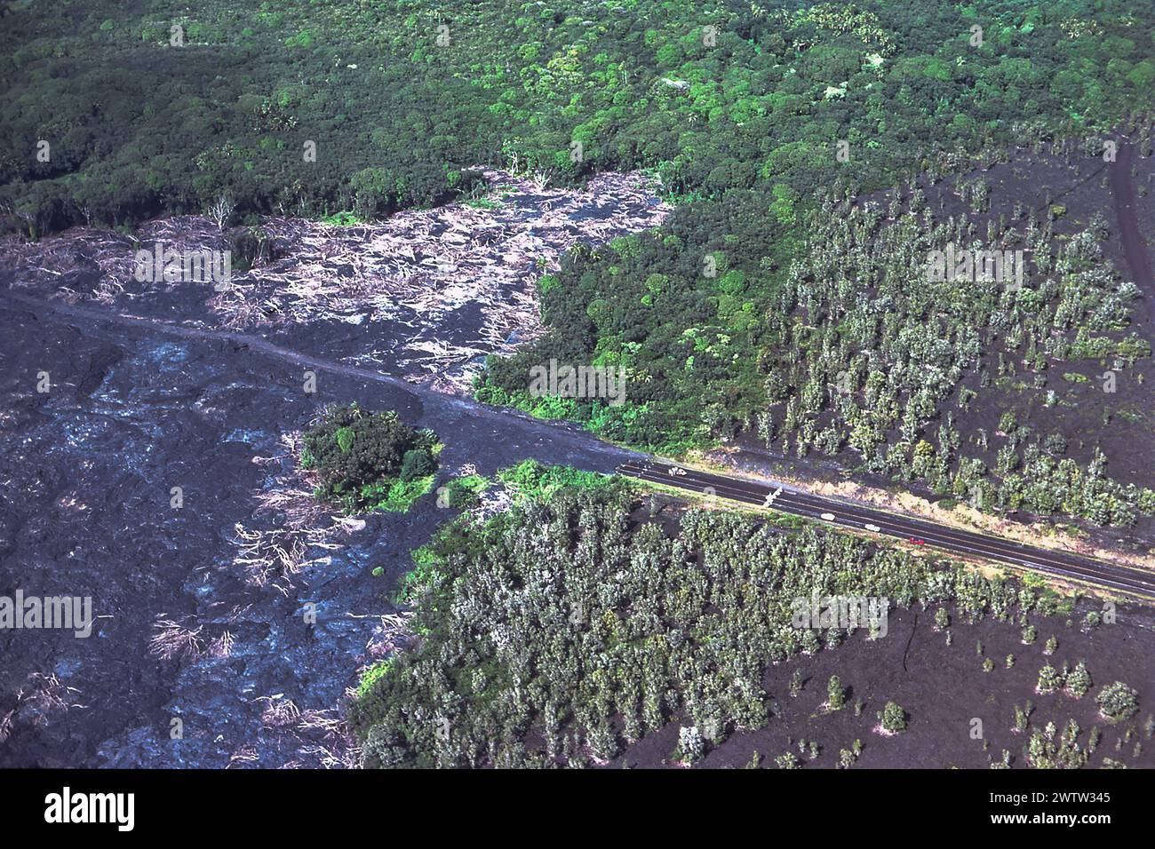 Road cut off by lava flow from helicopter, taken in 1992, Hawai'i ...