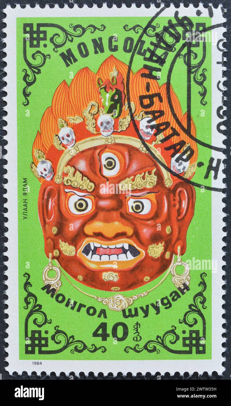 Cancelled postage stamp printed by Mongolia, that shows Traditional ...