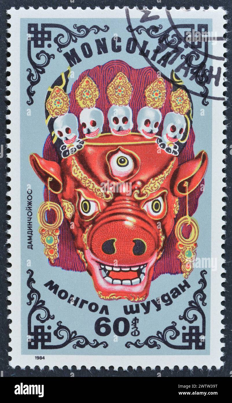 Cancelled postage stamp printed by Mongolia, that shows Traditional ...