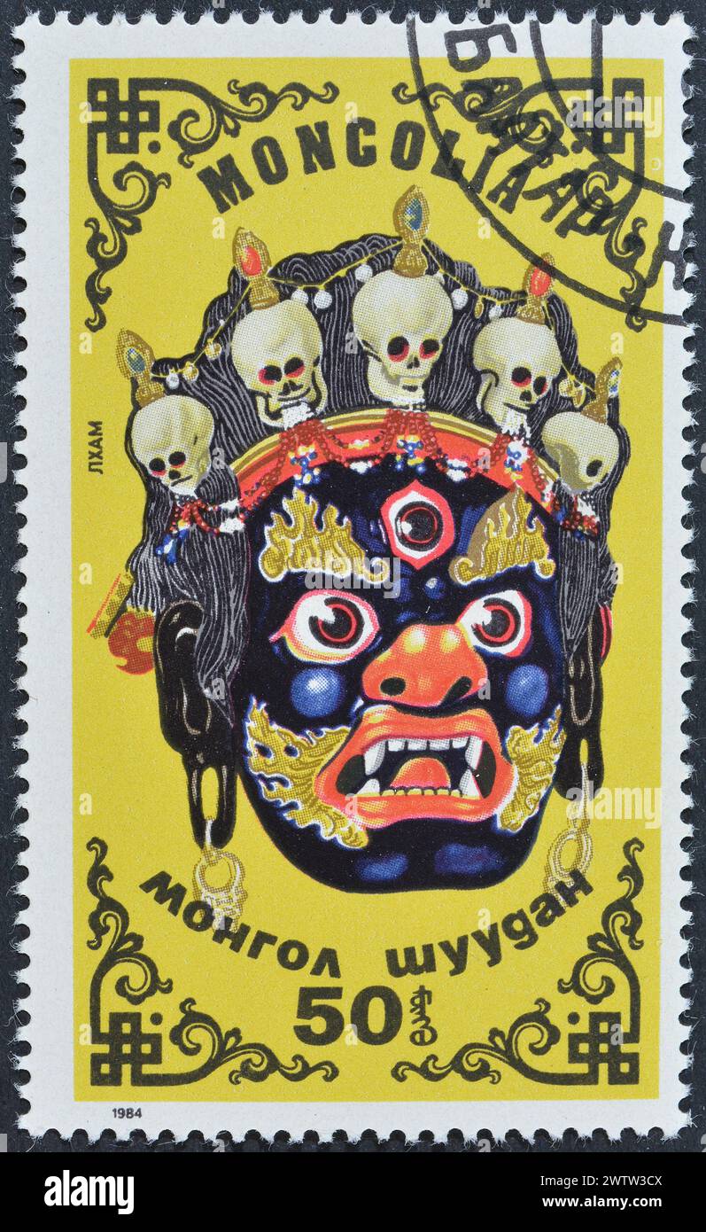 Cancelled postage stamp printed by Mongolia, that shows Traditional ...