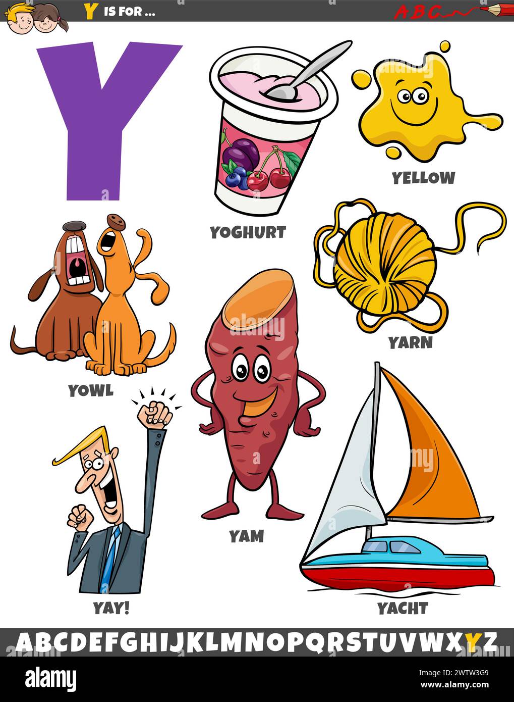 Cartoon illustration of objects and characters set for letter Y Stock ...