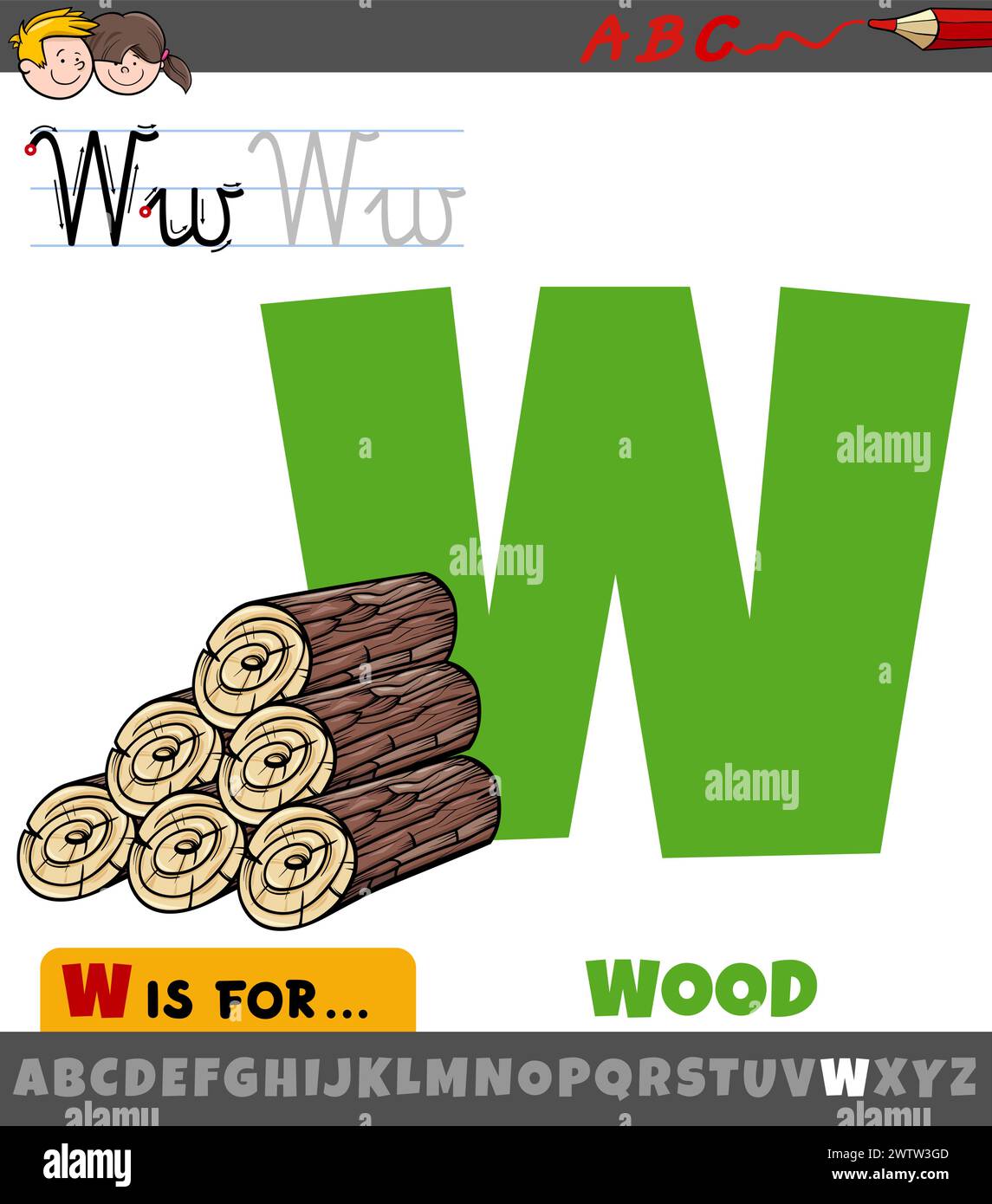 Educational cartoon illustration of letter W from alphabet with wood ...