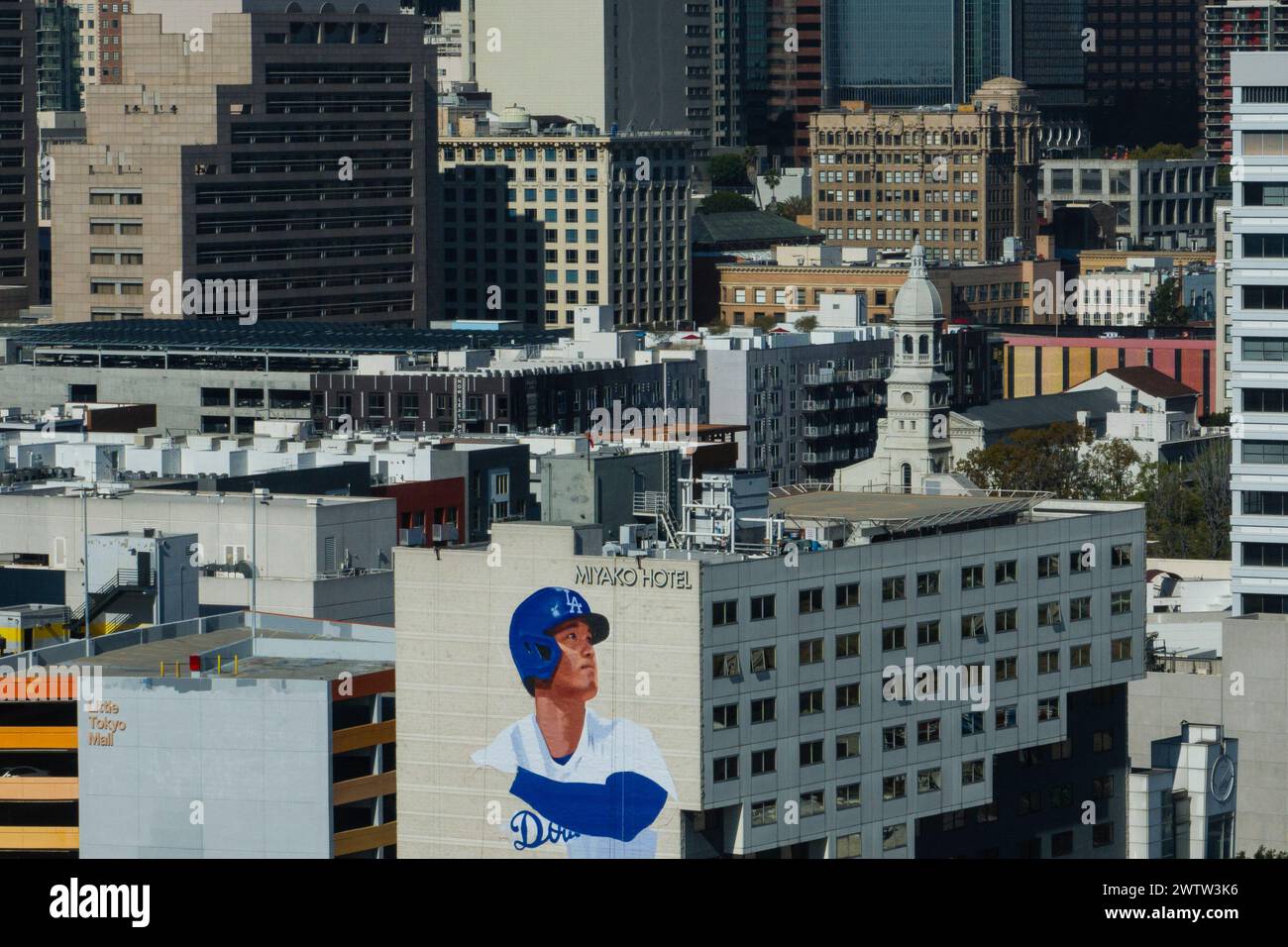 An aerial view shows a mural in progress of Los Angeles Dodgers' Shohei ...