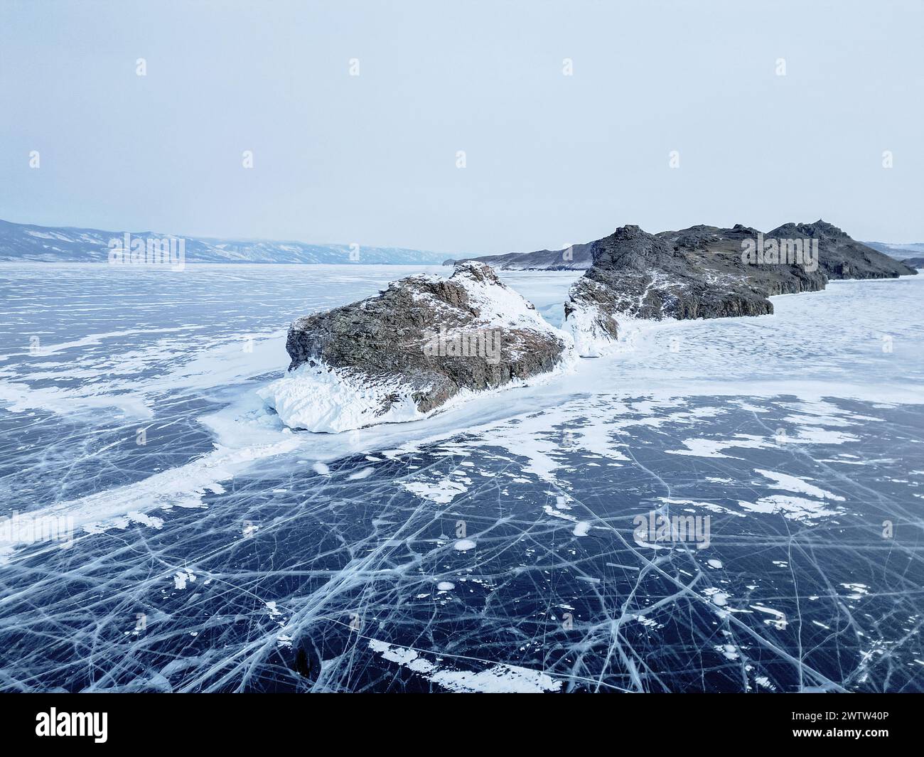 Winter landscape with mountains and Lake Baikal in Siberia. Natural ...