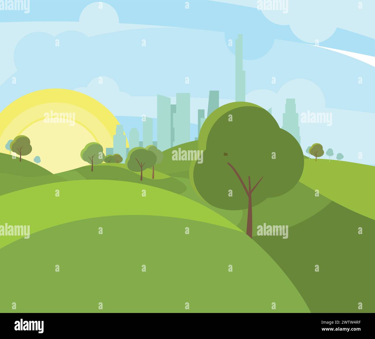 Green hills landscape. Sunrise color nature with cityscape Stock Vector ...