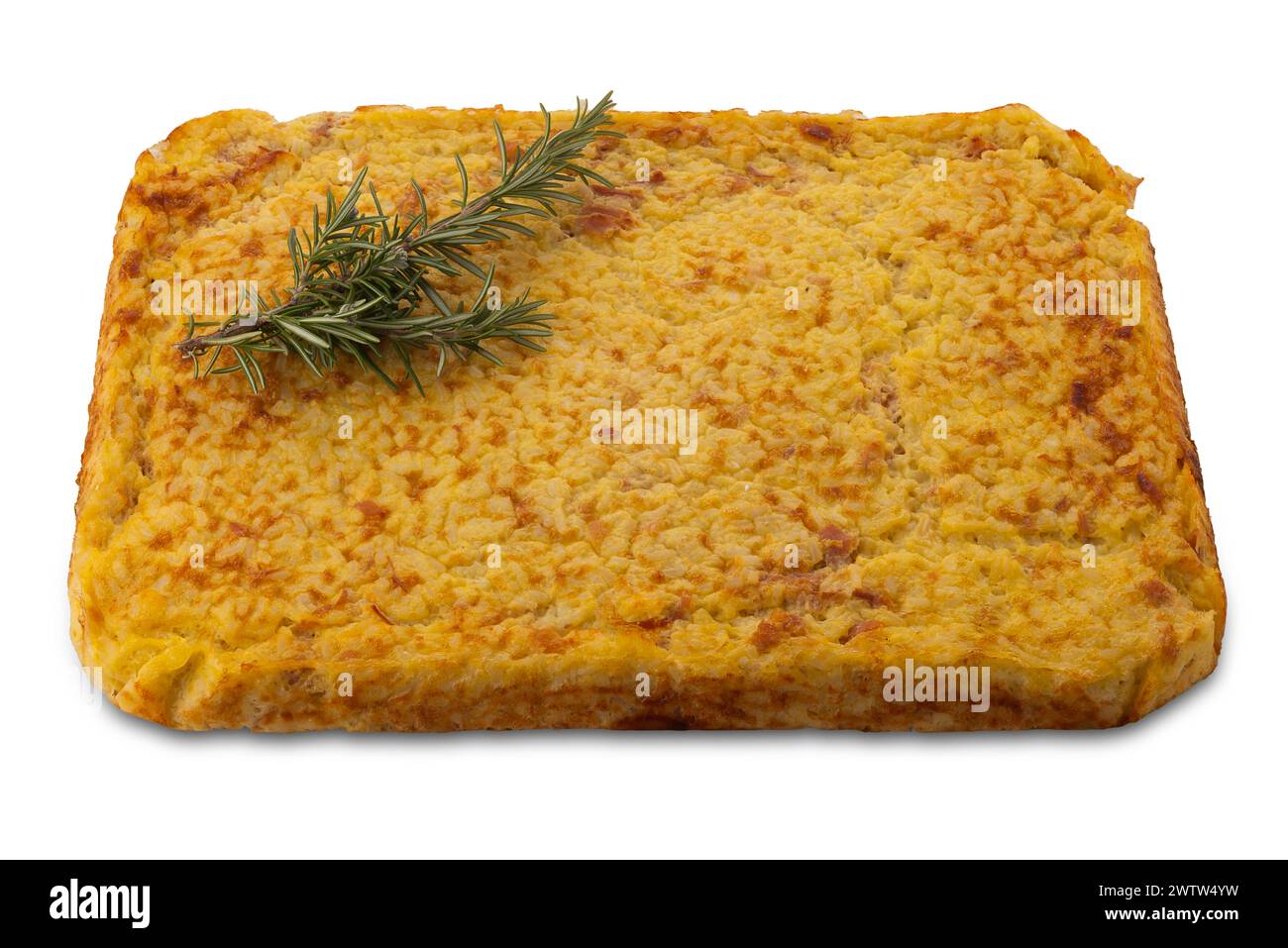 Rice timbale with eggs and ham cheese with rosemary sprig isolated on ...