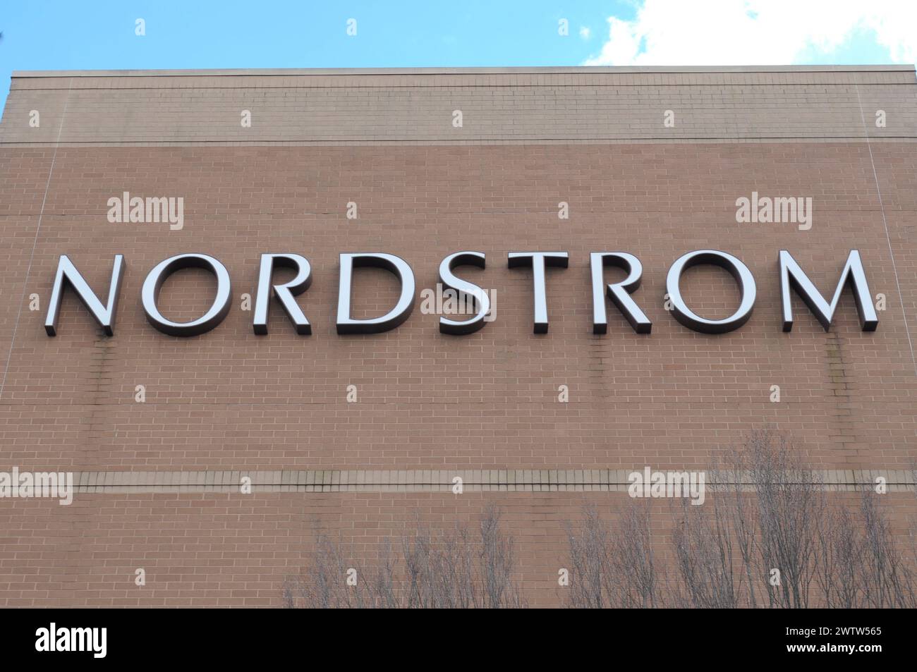 A Nordstrom logo is seen on a store in the neighborhood of Garden City in Nassau County Stock ...