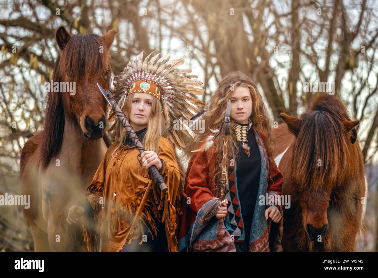 American native inspired scene: Two young women and their icelandic ...