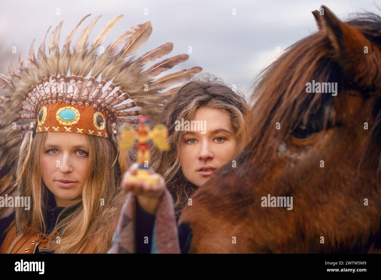 American native inspired scene: Two young women and their icelandic ...