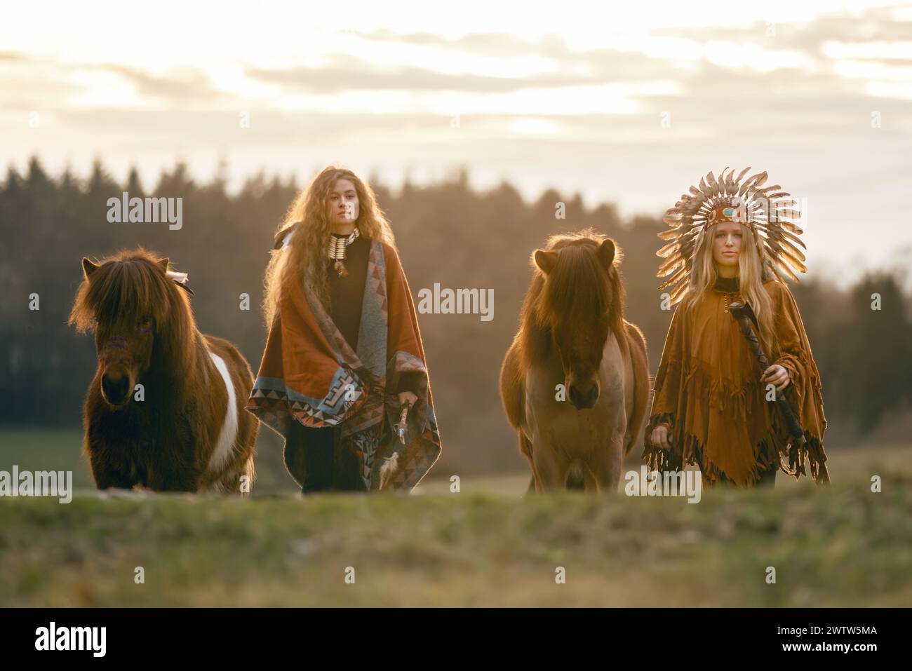 American native inspired scene: Two young women and their icelandic ...