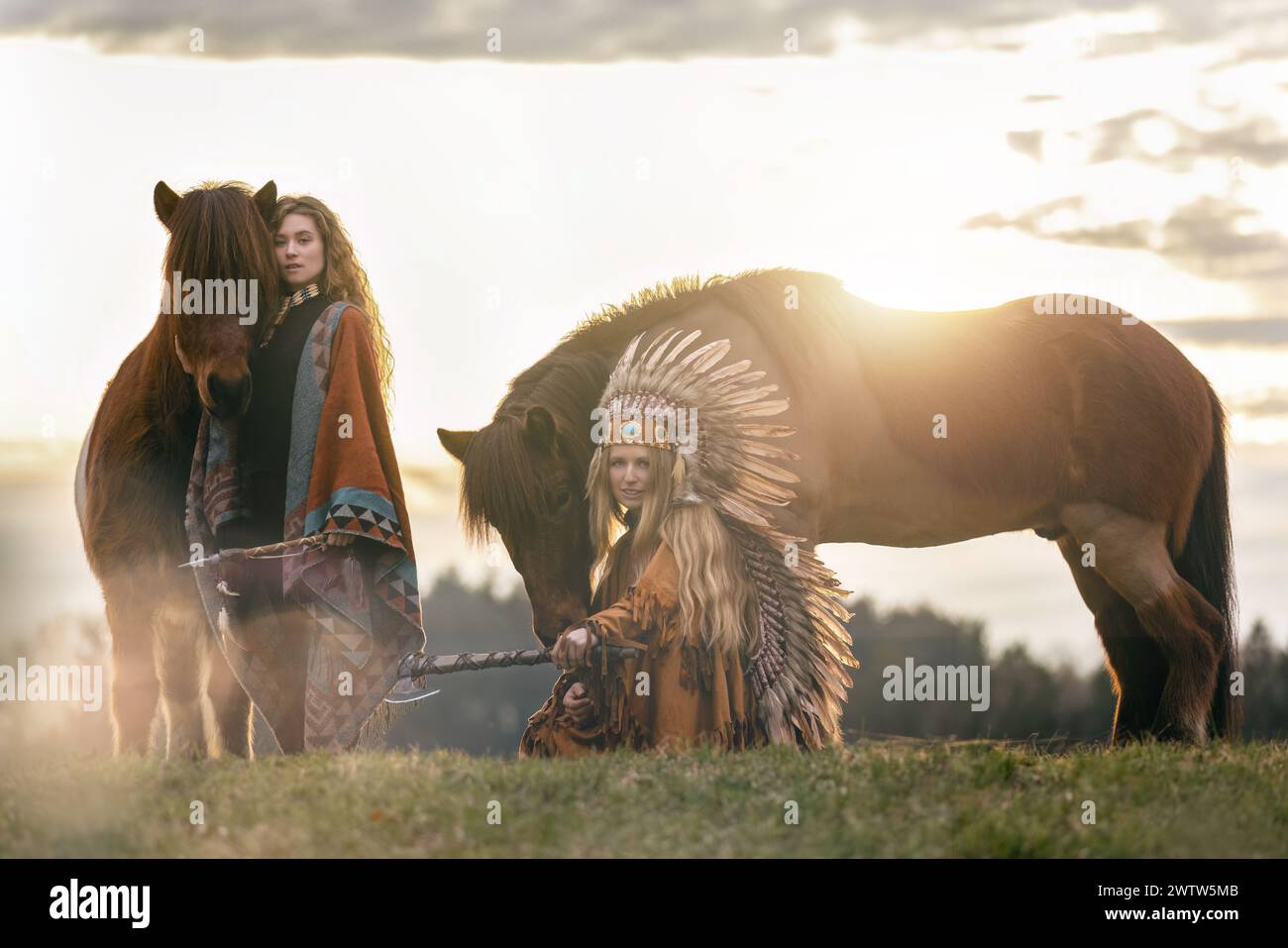 American native inspired scene: Two young women and their icelandic ...