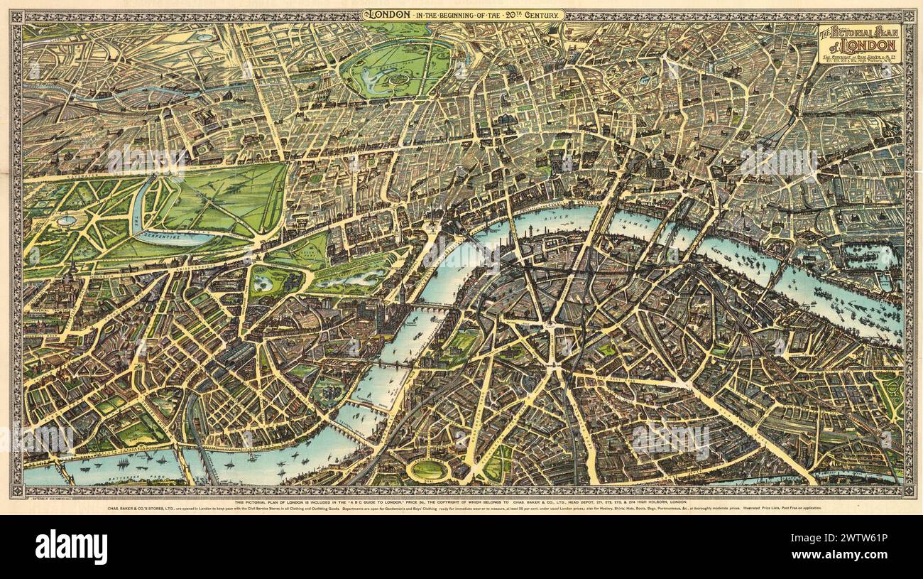 vintage map. Pictorial Plan Of London by Chas Baker & Co. circa 1906 ...