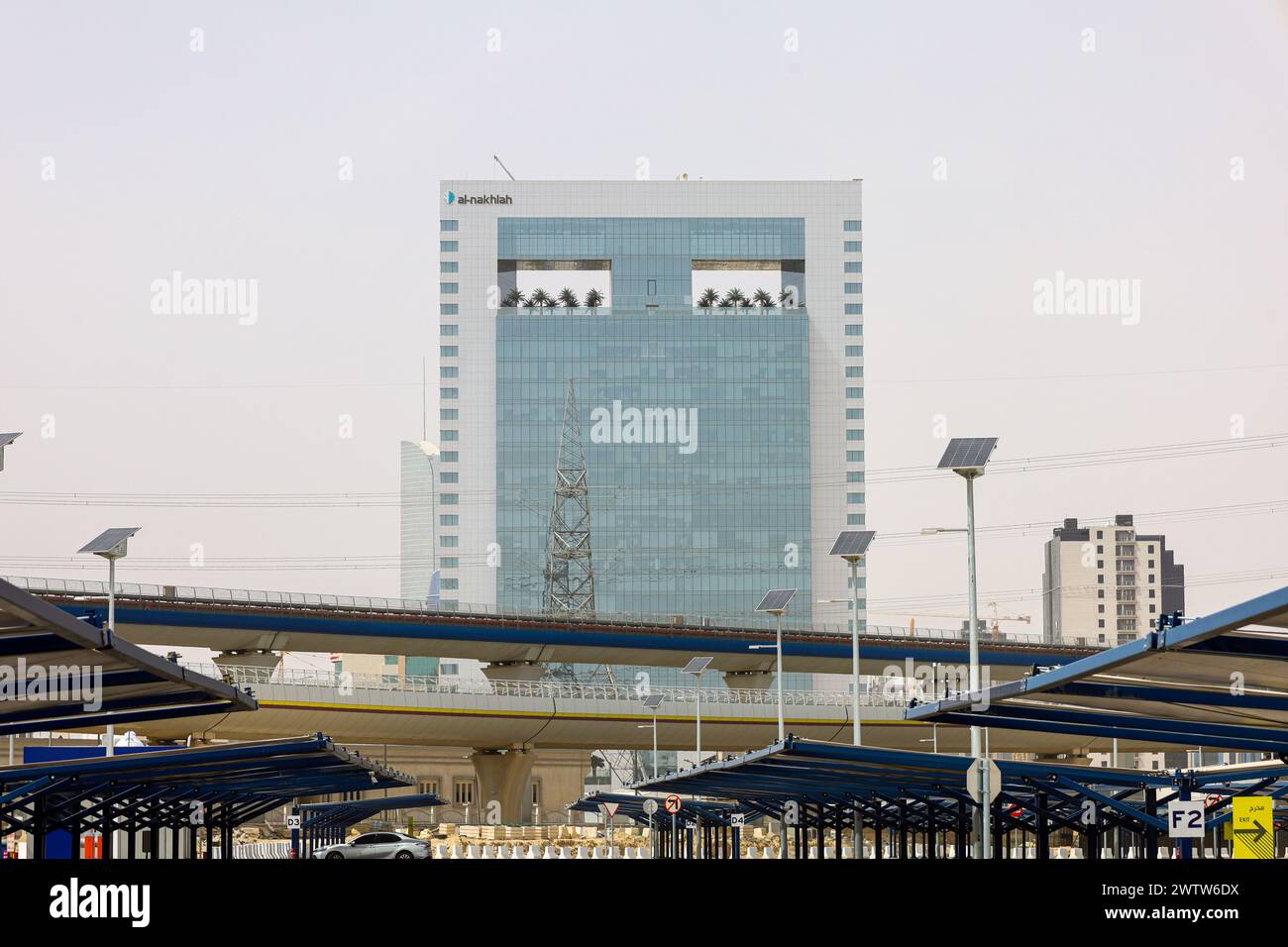 Riyadh, Saudi Arabia - Mar 15 2024,KAFD - Riyadh Metro's elevated line and train tracks freeway ...