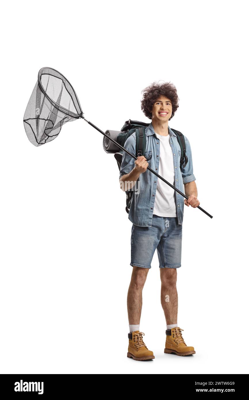 Backpacker standing and holding a catching net isolated on white ...
