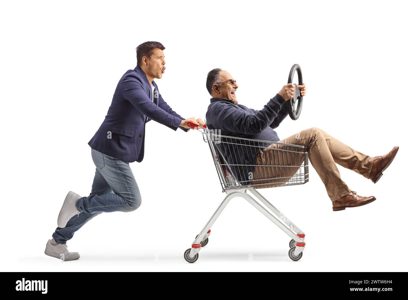 Men riding inside a shopping cart isolated on white background Stock ...