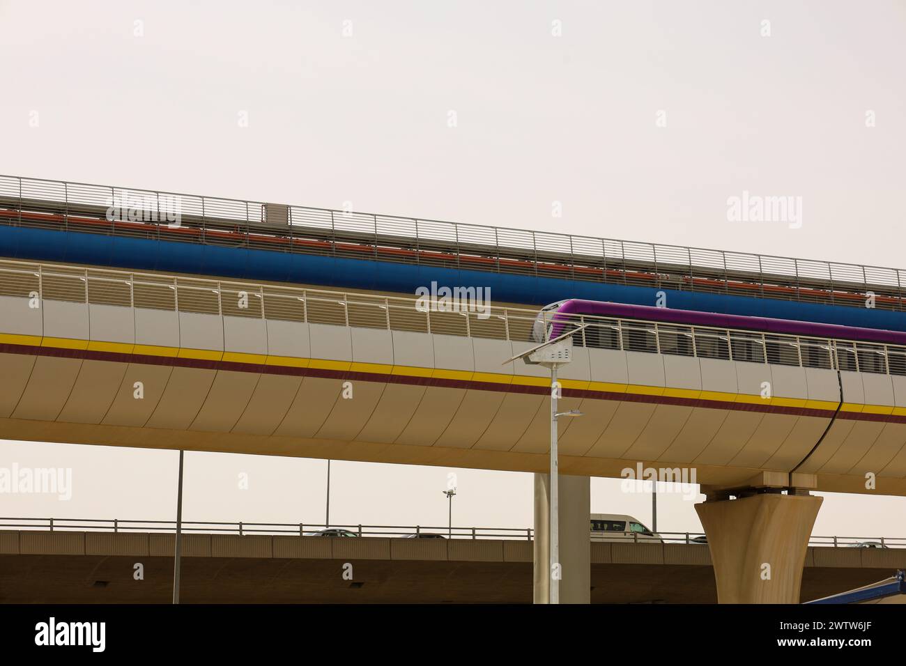 Riyadh, Saudi Arabia - Mar 15 2024,KAFD - Riyadh Metro's elevated line and train tracks freeway ...