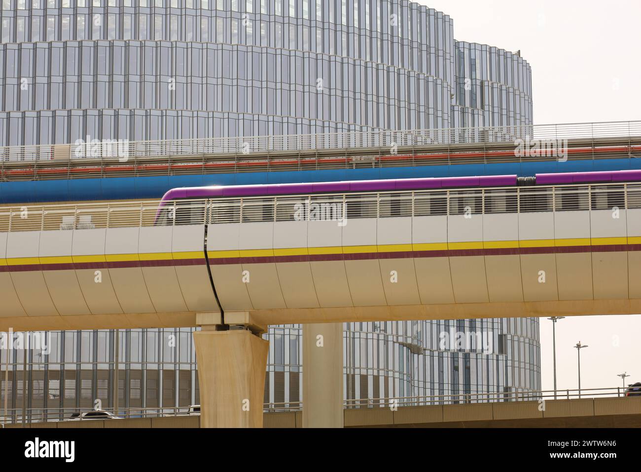 Riyadh, Saudi Arabia - Mar 15 2024,KAFD - Riyadh Metro's elevated line and train tracks freeway ...