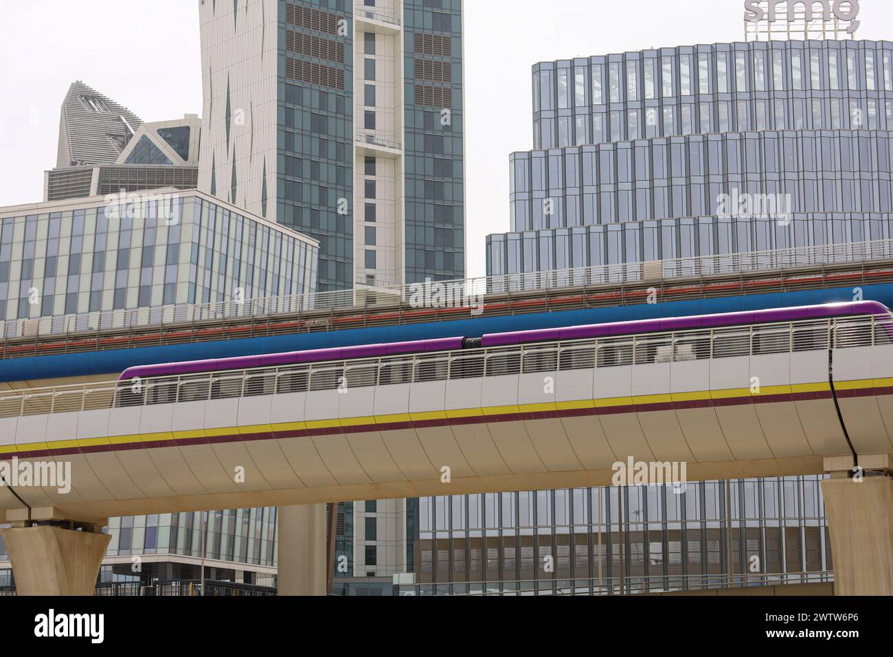 Riyadh, Saudi Arabia - Mar 15 2024,KAFD - Riyadh Metro's elevated line and train tracks freeway ...