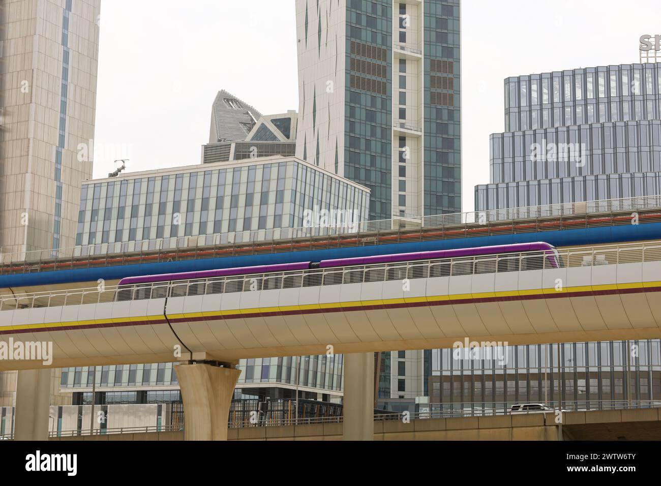 Riyadh, Saudi Arabia - Mar 15 2024,KAFD - Riyadh Metro's elevated line and train tracks freeway ...