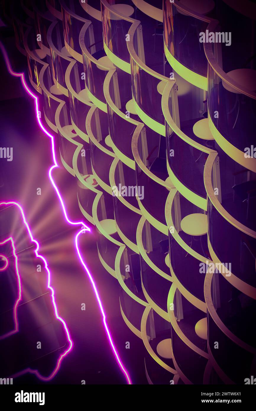 Vivid neon lights outline curvaceous shapes against a dark backdrop ...