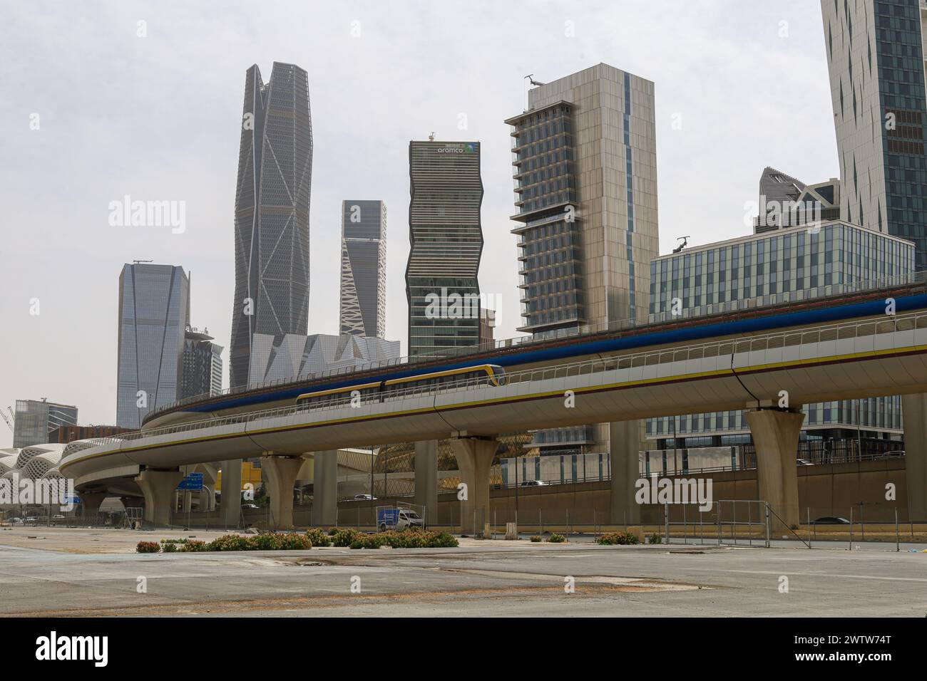 Riyadh, Saudi Arabia - Mar 15 2024,KAFD - Riyadh Metro's elevated line and train tracks freeway ...