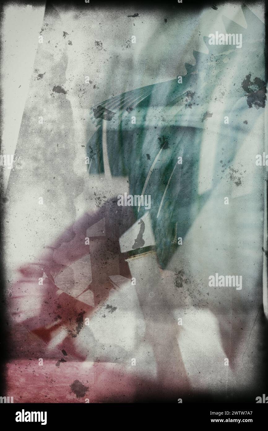 A textured grunge aesthetic overlays an abstract composition, imbuing ...