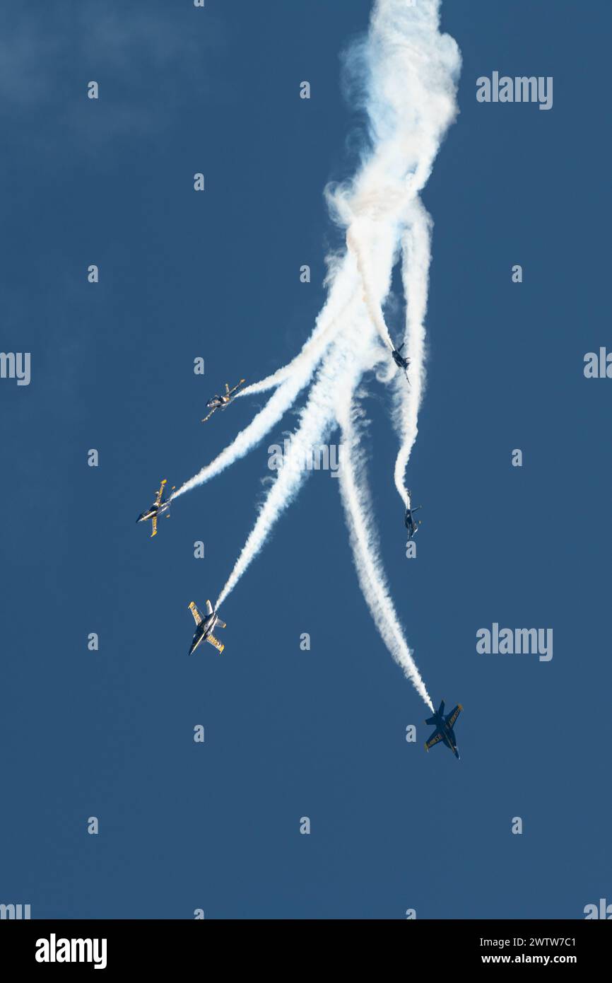 U.S. Navy Blue Angels perform aerobatic formation maneuvers during the ...