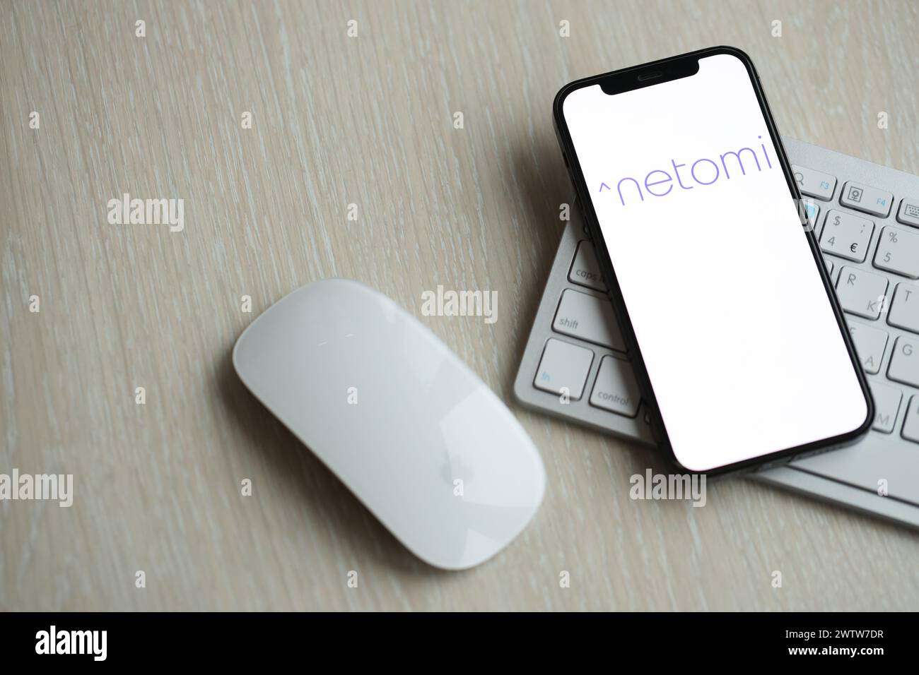 KYIV, UKRAINE - MARCH 17, 2024 Netomi logo on iPhone display screen ...