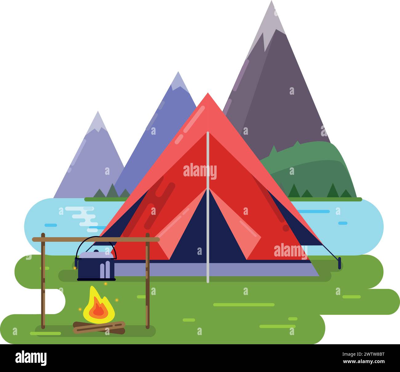 Camping scene. Red tent with burning fire. Outdoor tourism Stock Vector ...