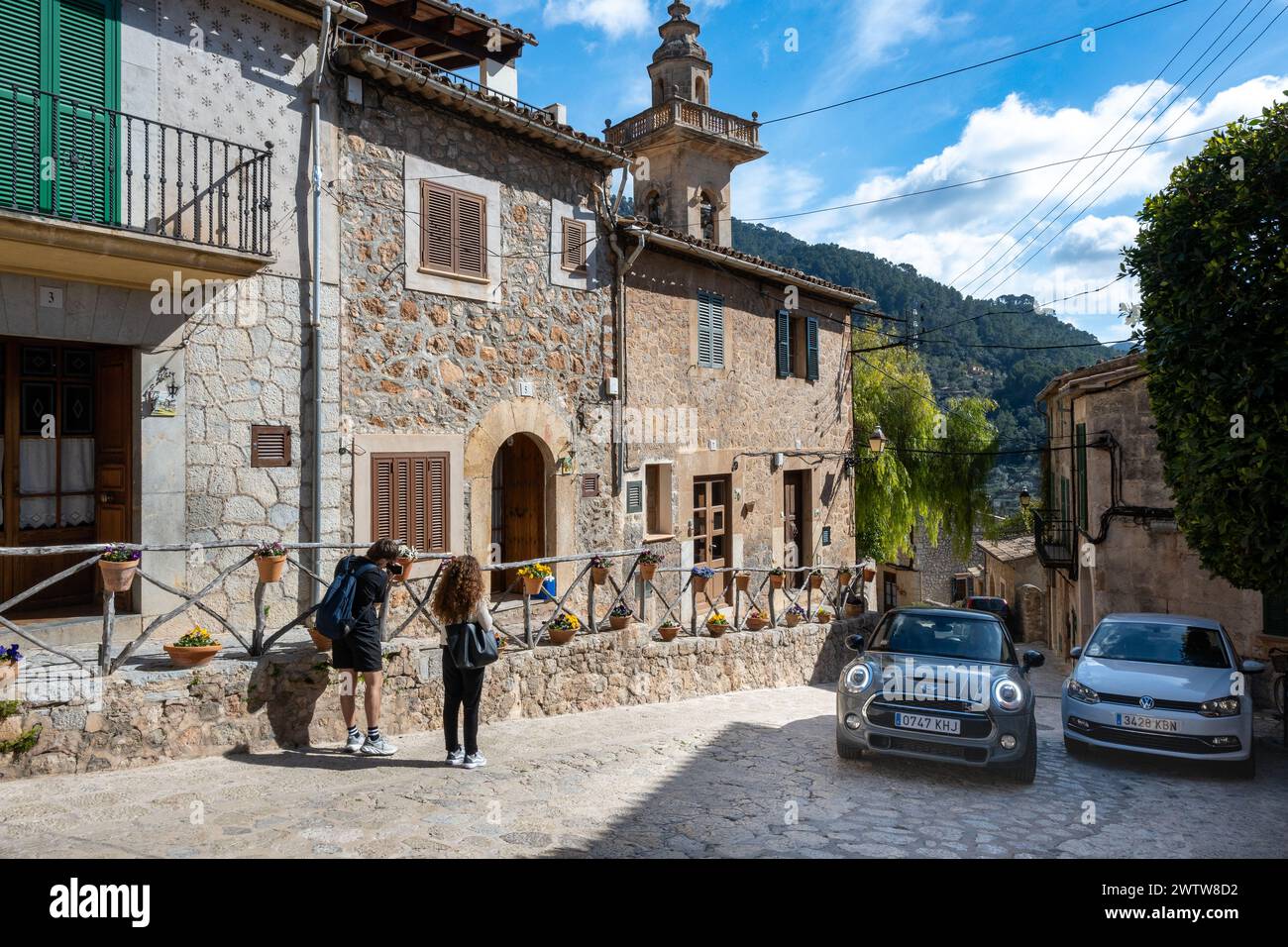 Valldemossa, Balearic Islands, Spain, Tourists walking in the street ...