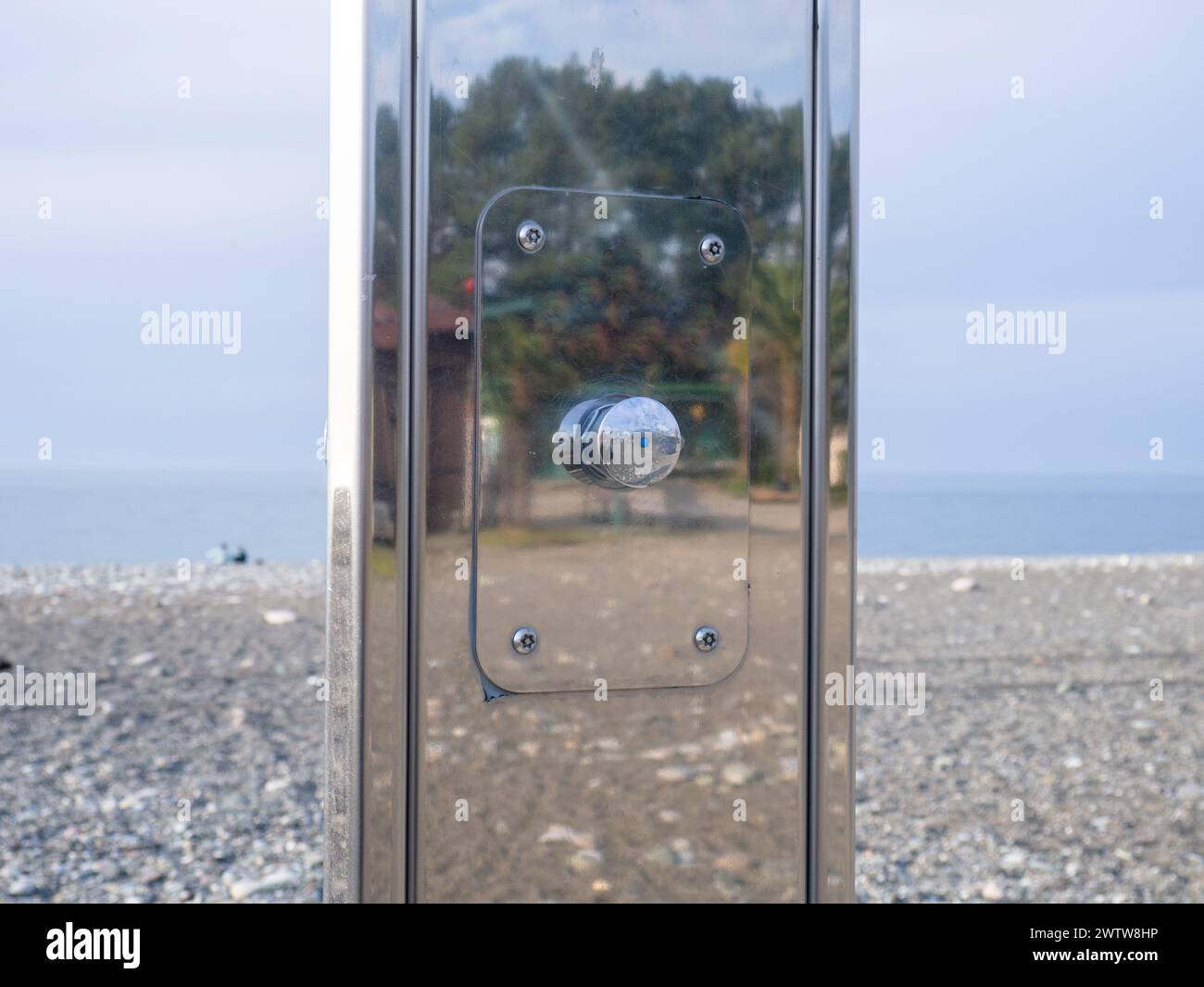 Pillar shower on the beach. Modern infrastructure at the resort. Body ...