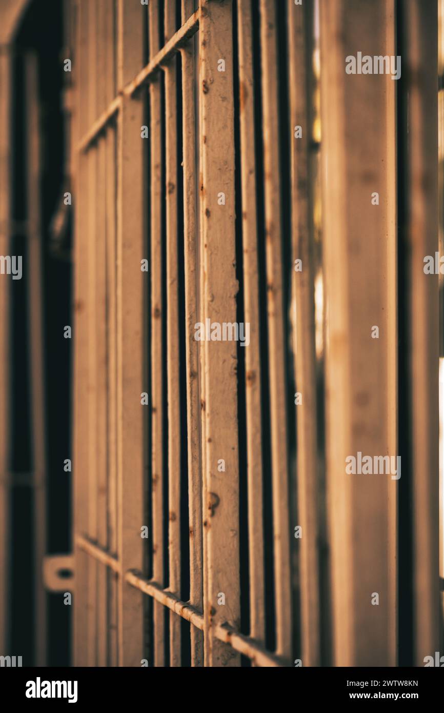 A detailed close-up of rusted iron bars of a jail cell, depicting the ...