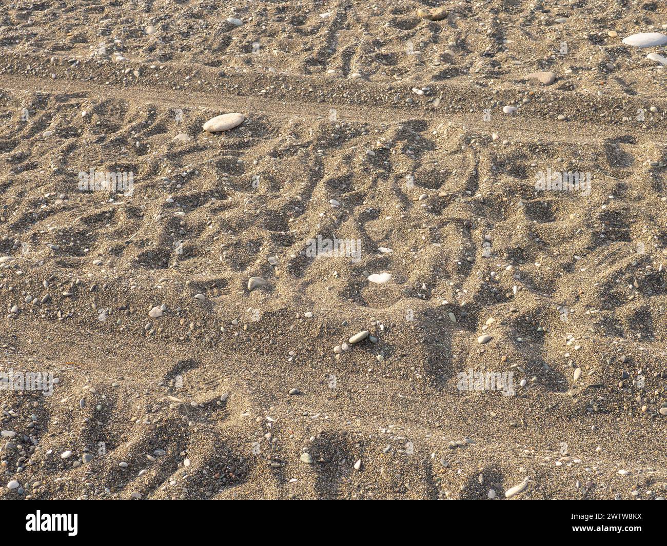 Rut in the sand. Tracks from car wheels on the beach. Sand and stones ...