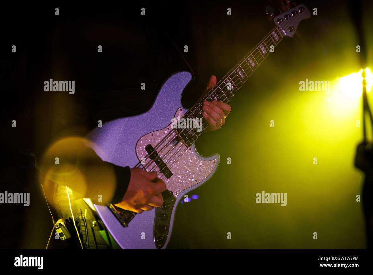 Bass guitarist playing live concert with rock band Stock Photo - Alamy