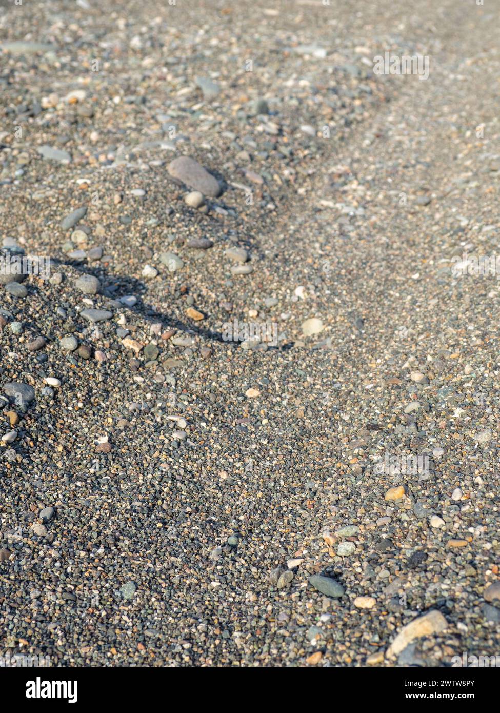 Rut in the sand. Tracks from car wheels on the beach. Sand and stones ...