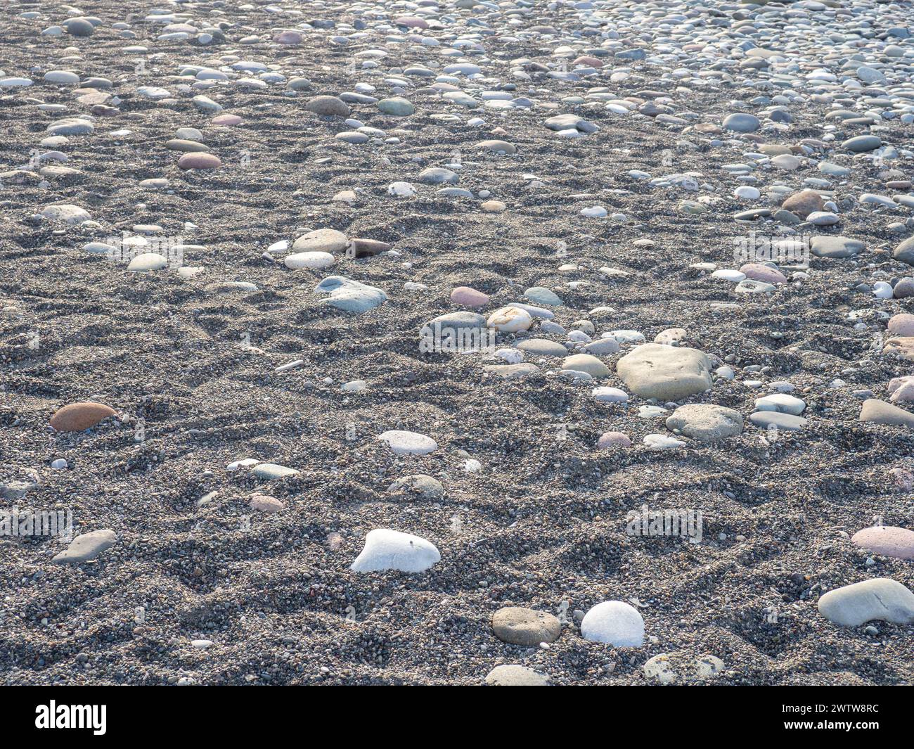 Gray sand and stones on the beach. Beach in winter. Sea coast soil. Dry ...