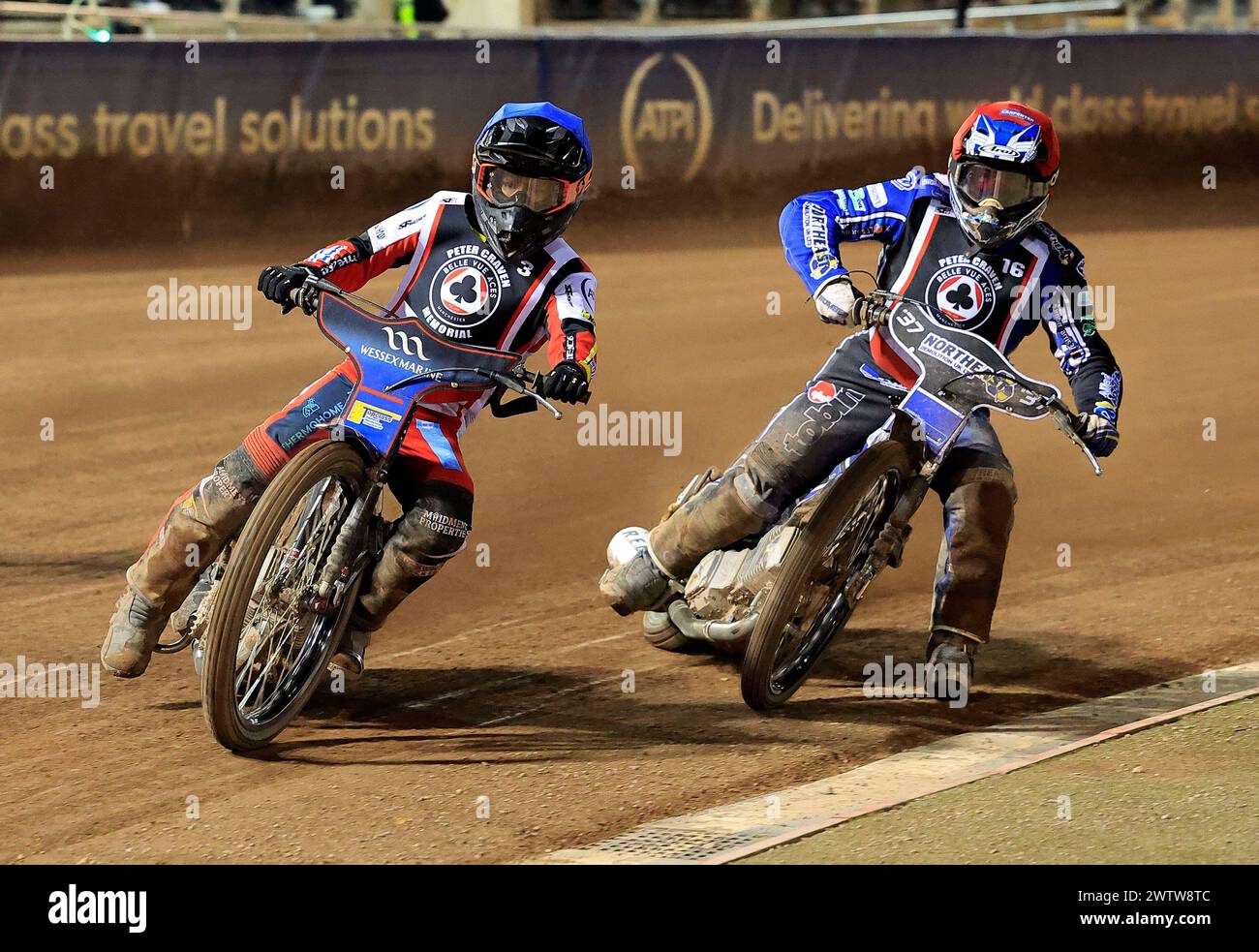 Ben Cook of Belle Vue Aces leads Chris Harris of Oxford Spires during ...