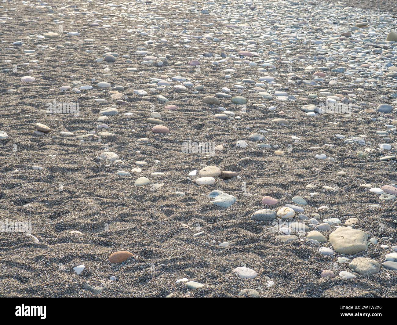 Gray sand and stones on the beach. Beach in winter. Sea coast soil. Dry ...