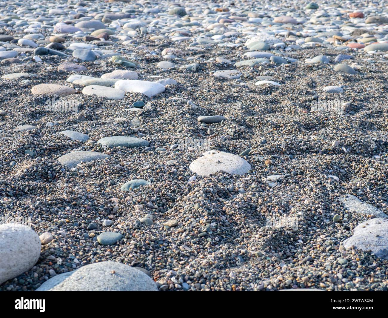 Gray sand and stones on the beach. Beach in winter. Sea coast soil. Dry ...
