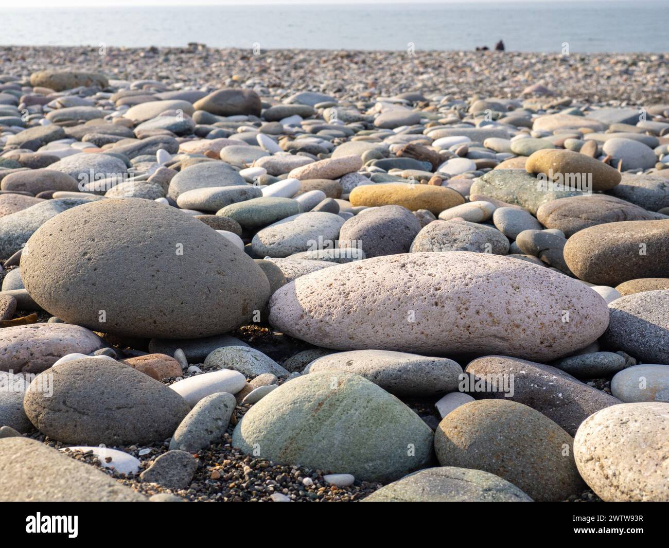 Gray sand and stones close-up on the beach. Stone in the foreground ...